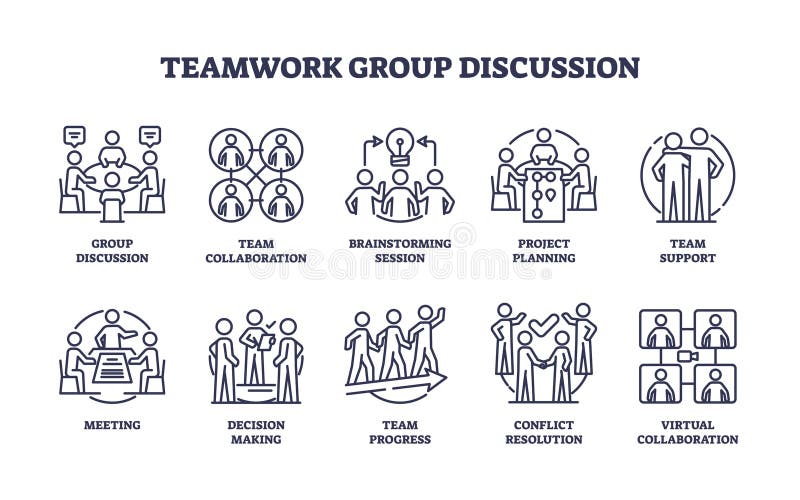 Teamwork Group Discussion Icons with Partnership Outline Collection Set ...