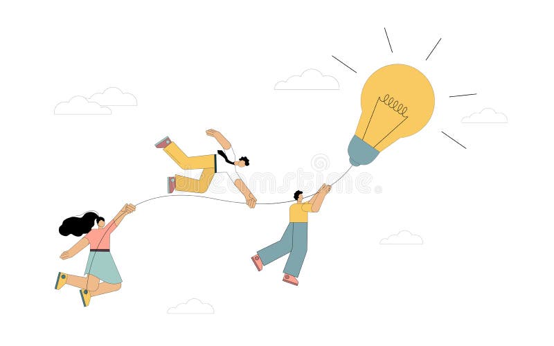 Teamwork. a Group of People are Flying on a Light Bulb. Implementation ...