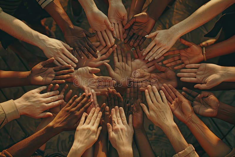 Teamwork Hands Around a Table Stock Image - Image of stack, office ...