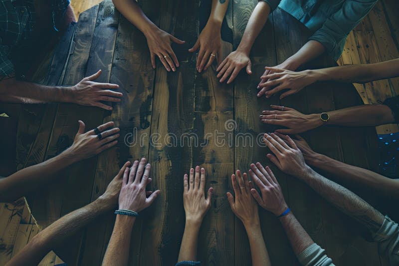 Teamwork Hands Around a Table Stock Image - Image of concept, male ...