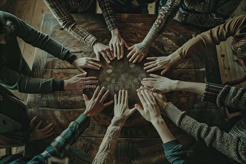 Teamwork Hands Around a Table Stock Photo - Image of stack, partnership ...