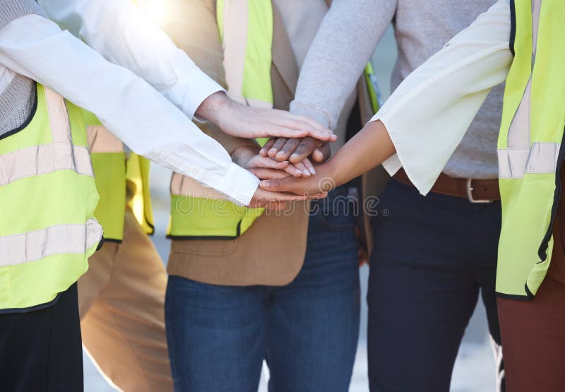 Teamwork, Hands Stacked and Architecture People for Support ...