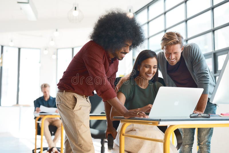 Teamwork, Happy and Laptop in Office for Research, Planning and Development for Start Up ...