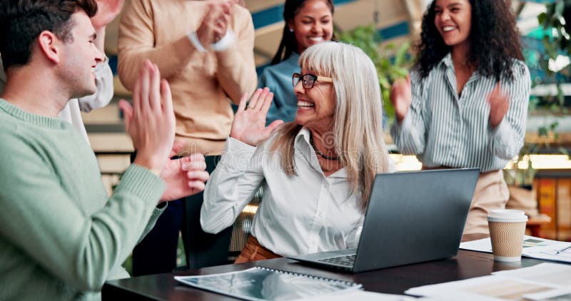 Teamwork, High Five and Business People on Computer with Success ...