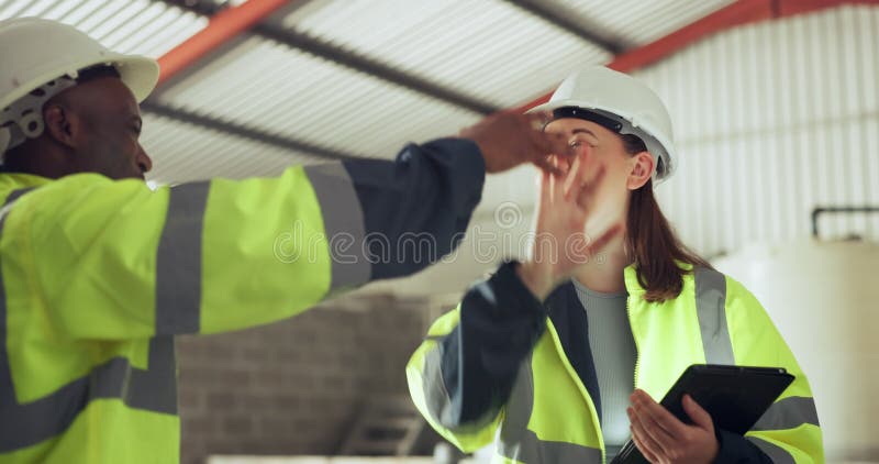 Teamwork, High Five and Construction Worker People Laughing in a ...