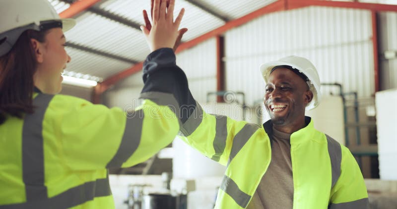 Engineer, Team and Dancing with High Five in Storage for Success ...