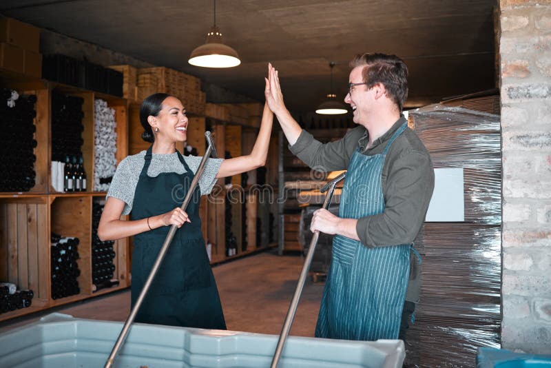 Teamwork High Five, Wine Production Success and Grape Crush at a Winery ...