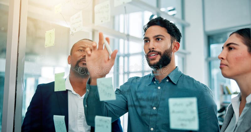 Teamwork, Ideas and Business People at Glass with Collaboration, Sticky ...