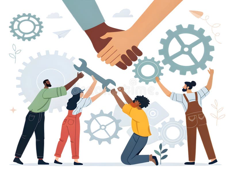 Teamwork Illustration with Diverse People and Gears Working Together ...