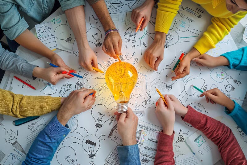 Teamwork and Innovation a Group of People Surrounding a Bright Light ...