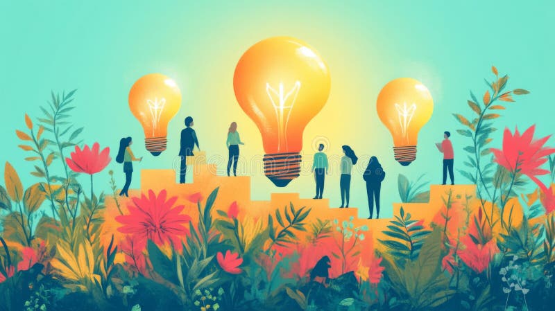 Teamwork and Innovation: People and Bright Lightbulbs in a Colorful ...