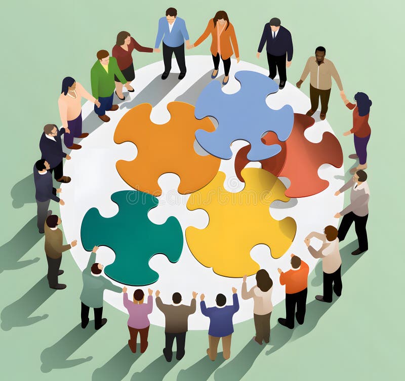 Teamwork Isometric Concept. Group of Business People Holding Puzzle ...