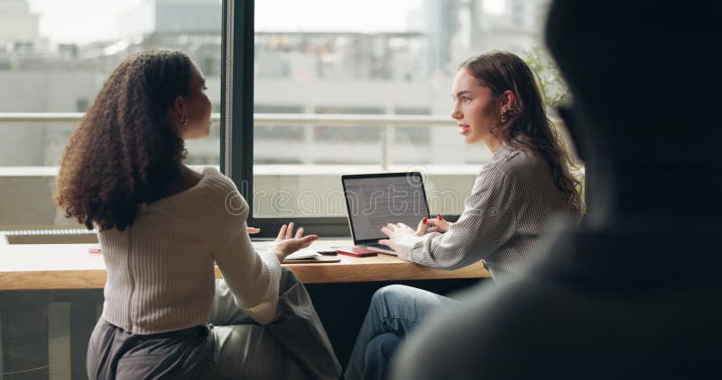 Teamwork, Laptop and Discussion with Business People in Cafe for Research, Article Feedback and ...