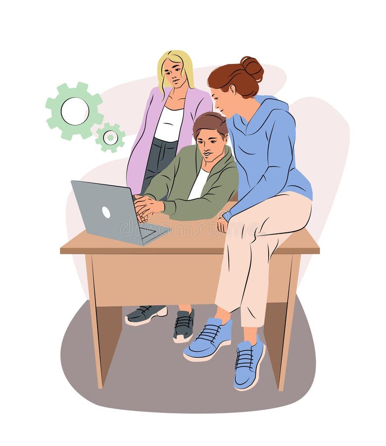 Teamwork at Laptop in Office Setting. Vector Illustration Stock Vector ...