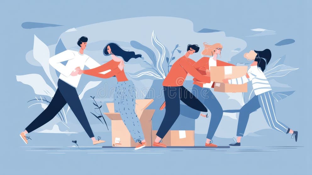 Teamwork and Moving Boxes stock illustration. Illustration of ...