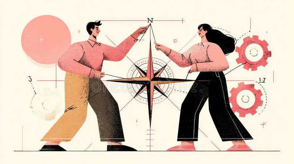 Teamwork and Navigation People Working Together with Compass and Gears Stock Illustration ...