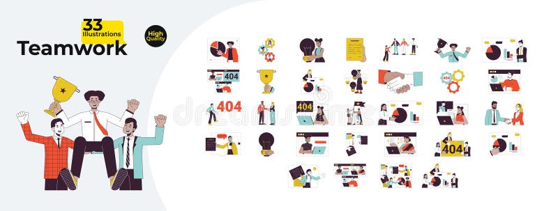 Teamwork Office Diverse 2D Linear Illustration Concept Bundle Stock ...