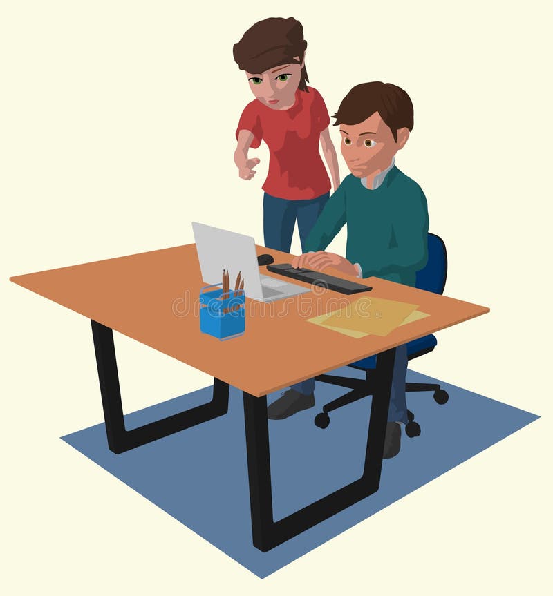 Teamwork Office Workers Laptop on Table Man and Woman Cartoon Vector ...