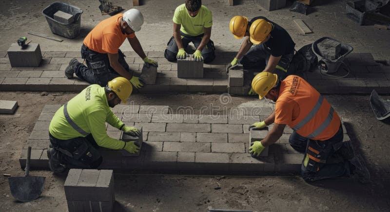 Teamwork Paving Project: Construction Workers Collaboratively Laying ...