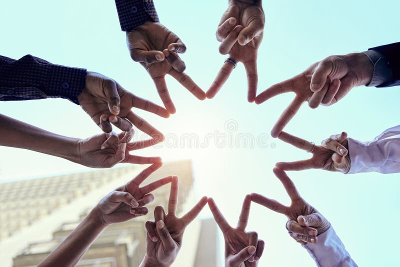 Teamwork, Peace Sign or Trust with Hands in Circle for Support ...