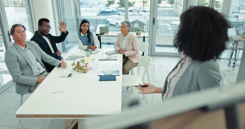 Teamwork, Presentation and Question with Business Woman in Meeting for ...