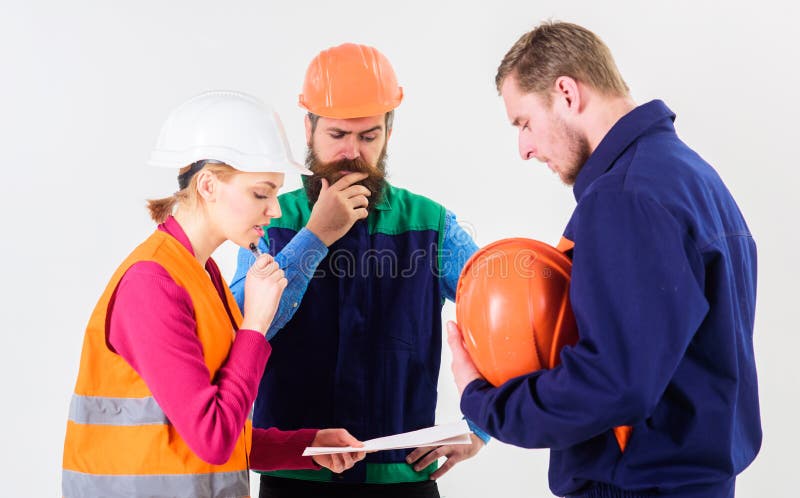 Teamwork Problems Concept. Builder and Engineer Thinking Stock Photo ...