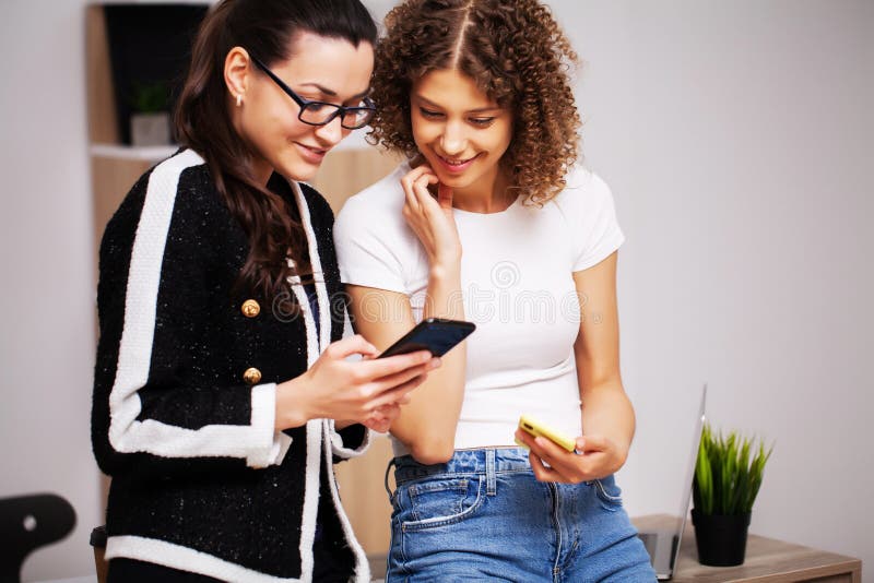 Teamwork Process. Two Women with Laptop in Work Together Stock Photo ...
