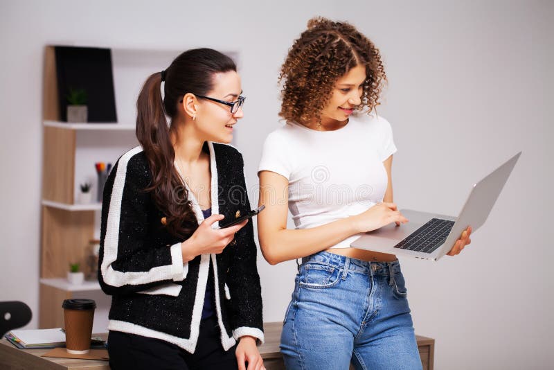 Teamwork Process, Two Women with Laptop in Work Together. Stock Image ...
