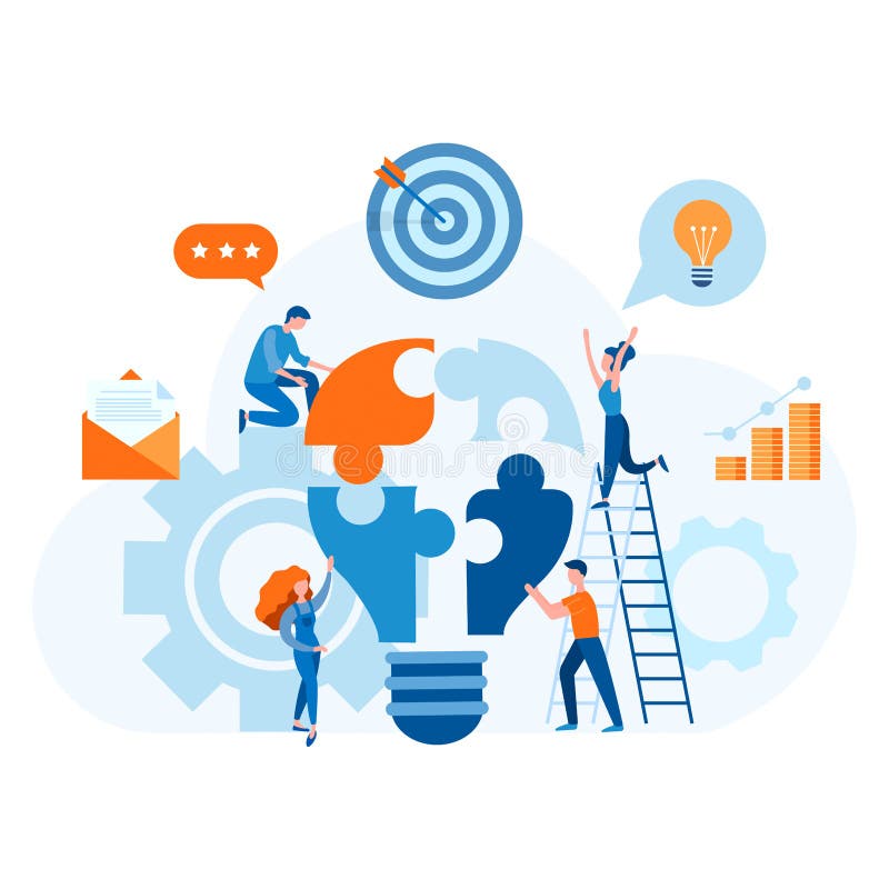 Teamwork on a Puzzle Light Bulb. Marketing, Finding a Solution, a ...