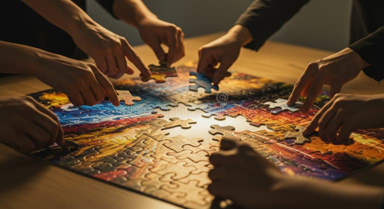 Teamwork Puzzle Solution Group of People Collaboratively Assembling a ...