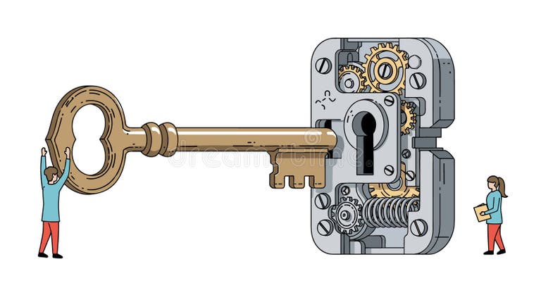Teamwork Securing Success Key Unlock Solution Miniature People ...