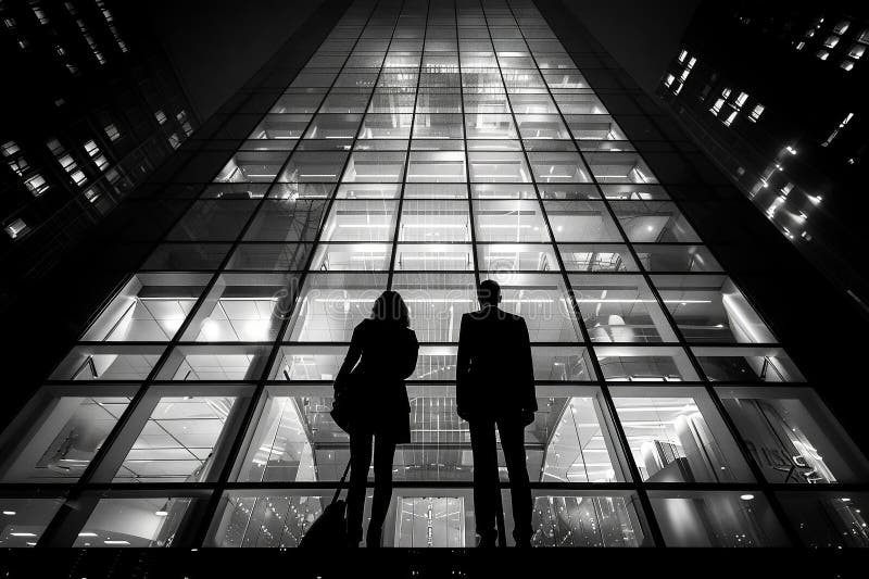 Teamwork in Shadow, Set Against the Illuminated Interiors of a Highrise ...