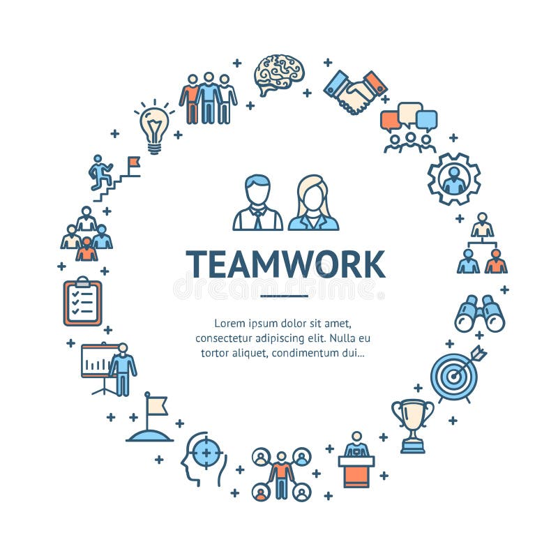 Teamwork Signs Round Design Template Thin Line Icon Concept. Vector ...