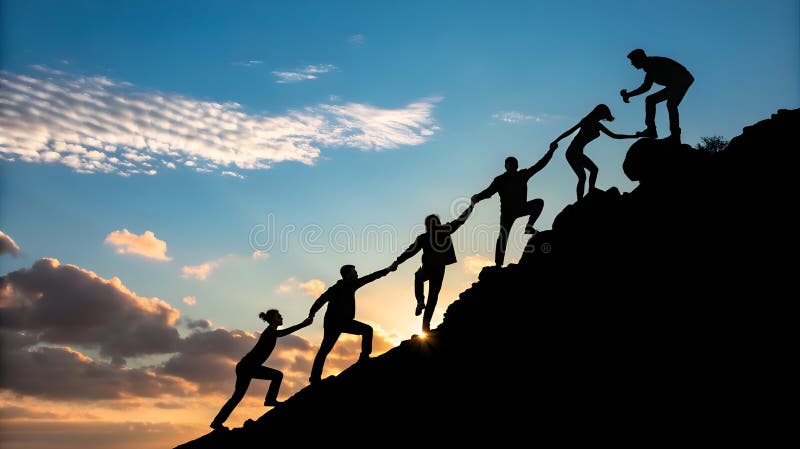 Teamwork Silhouette of People Climbing Mountain at Sunset Stock ...