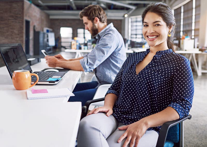 Teamwork, Smile and Portrait of Woman at Desk with Laptop and Man at ... Teamwork, Smile and Portrait of Woman at Desk with Laptop and Man at ...