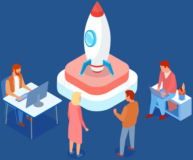 Teamwork of 3D Space People while Recharging Their Rocket. Stock ...