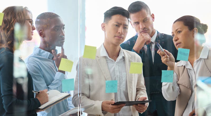 Teamwork, Sticky Notes and Business on a Board or Moodboard in a Modern ...