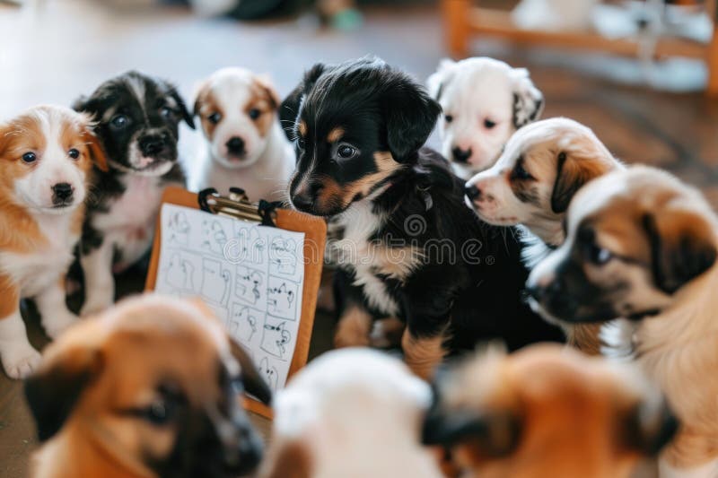 Teamwork and Strategy Concept: Cute Puppies in Huddle Planning Play ...
