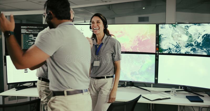 Teamwork, Success and Mission Control with People and Computer Screen ...