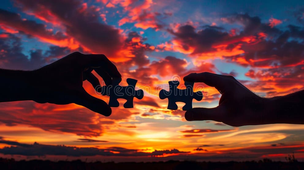 Teamwork at Sunset Connecting Puzzle Pieces Symbolizing Problem Solving ...