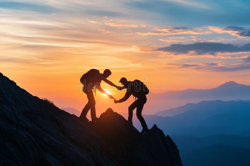 Teamwork and Support on Mountaintop at Sunset Two Hikers Silhouette ...