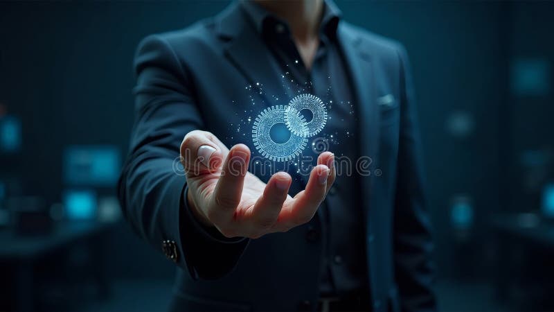 Teamwork Symbolized by Gears Connected by a Hand, Cyberpunk Tech Panel ...