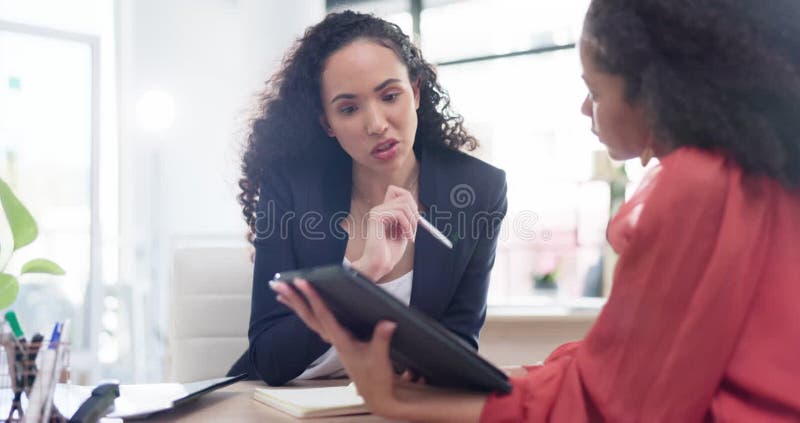 Teamwork, Tablet and Business Women Coaching in Office Helping Coworker ...