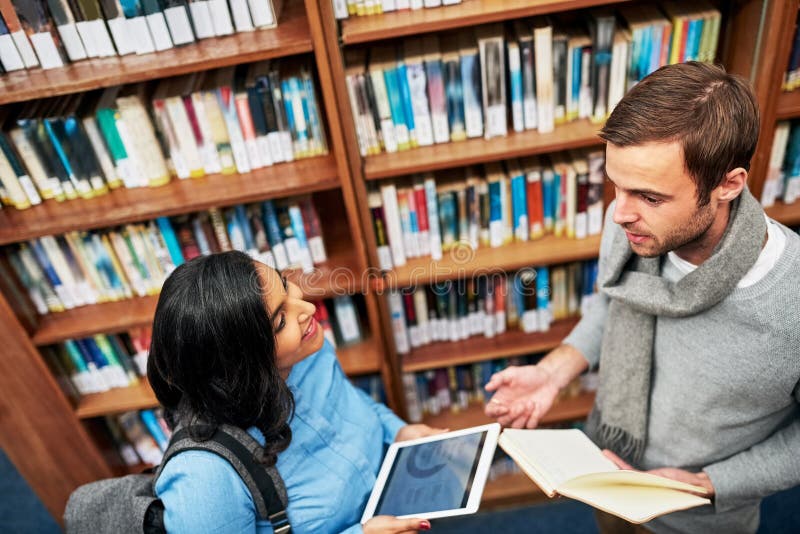 Teamwork, Tablet or Students with Books in Library for Education ...
