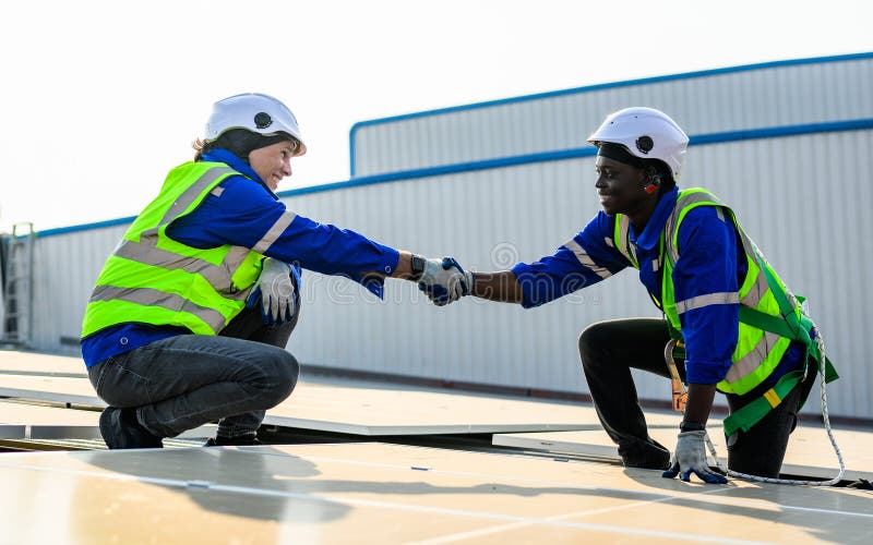 Teamwork Technicians Workers Installing Solar Panels at Solar Cell Farm ...