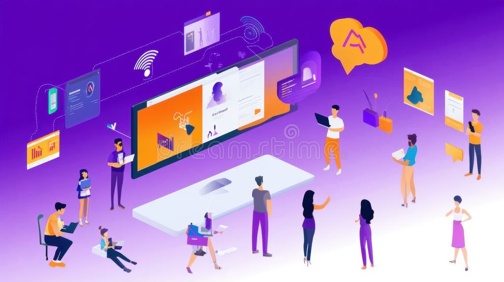 Teamwork and Technology Collaboration Stock Illustration - Illustration ...