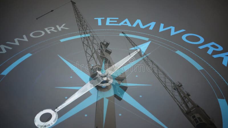 Teamwork Text Animation Over Compass and Construction Cranes Stock ...