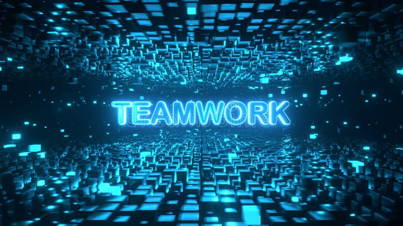 TEAMWORK Text Inside Rotating Cube Platforms in Cyberspace. High-tech ...