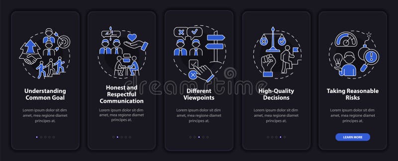 Teamwork Tips Night Mode Onboarding Mobile App Screen Stock Vector ...
