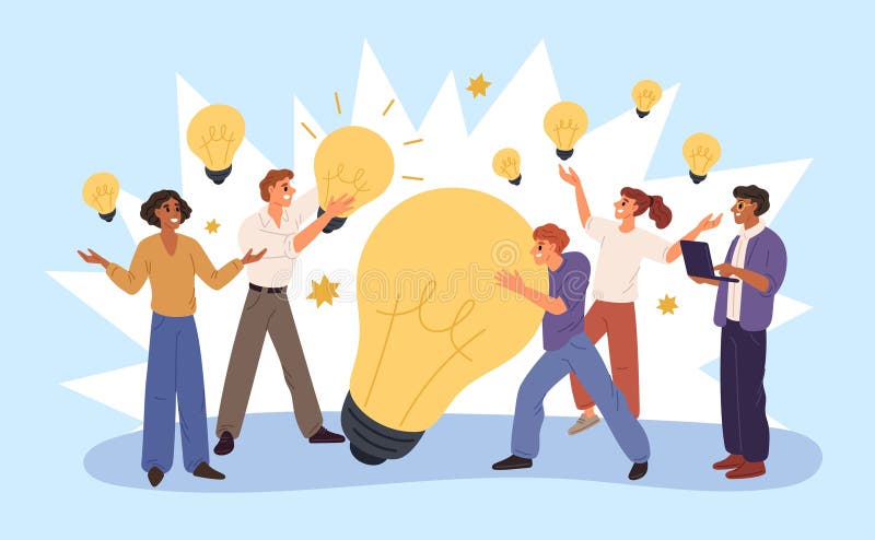 Teamwork To Find New Ideas. People with Light Bulbs. Innovative ...